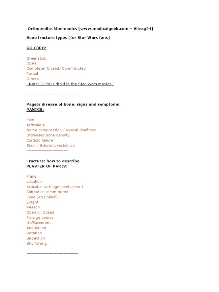 Essential Orthopedic Mnemonics Guide | PDF | Elbow | Bone