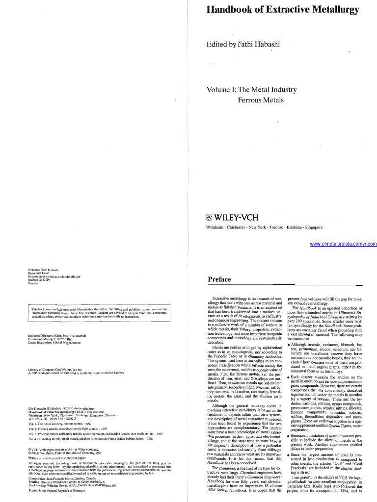 Handbook of Extractive Metallurgy I | PDF