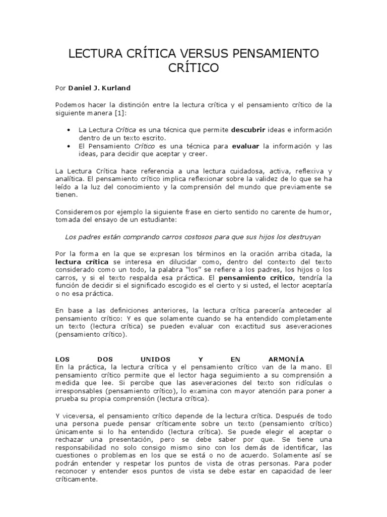 LECTURA CRÍTICA VERSUS PENSAMIENTO CRÍTICO.doc | Pensamiento crítico ...