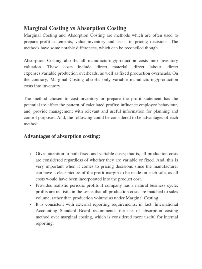 Marginal Costing Vs Absorption Costing | PDF | Inventory | Cost Of ...