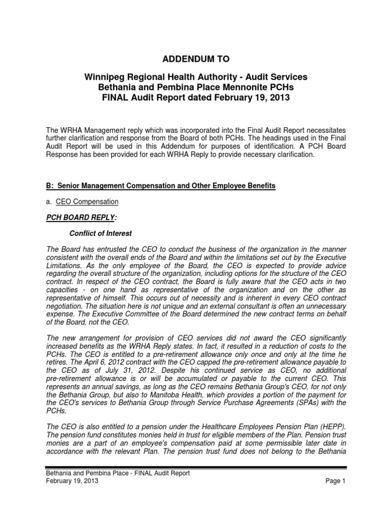 Addendum to WRHA Audit Report | Salary | Committee