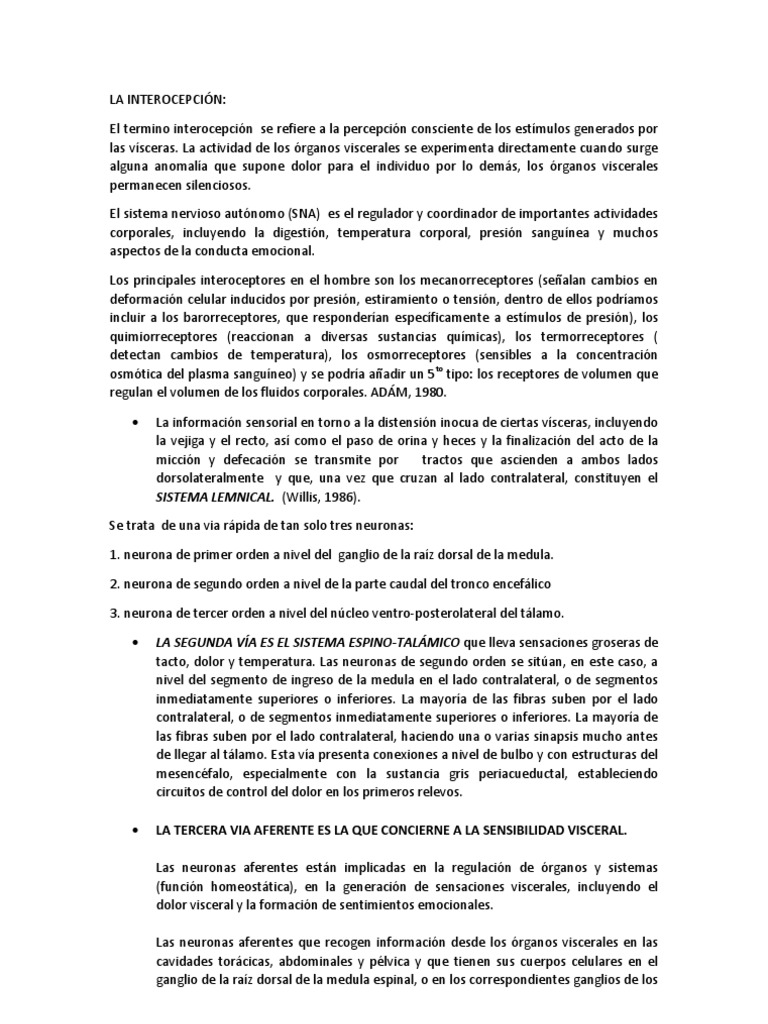 La Interocepción | PDF | Dolor | Médula espinal