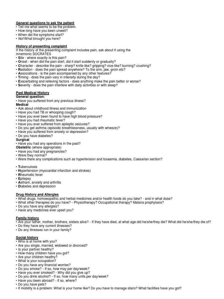 General Questions To Ask The Patient | PDF