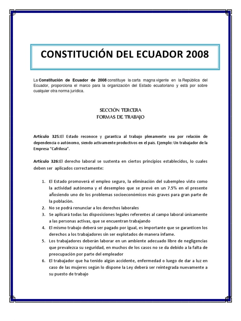 Constitucion de Ecuador 2008 | PDF | Derecho laboral | Ecuador