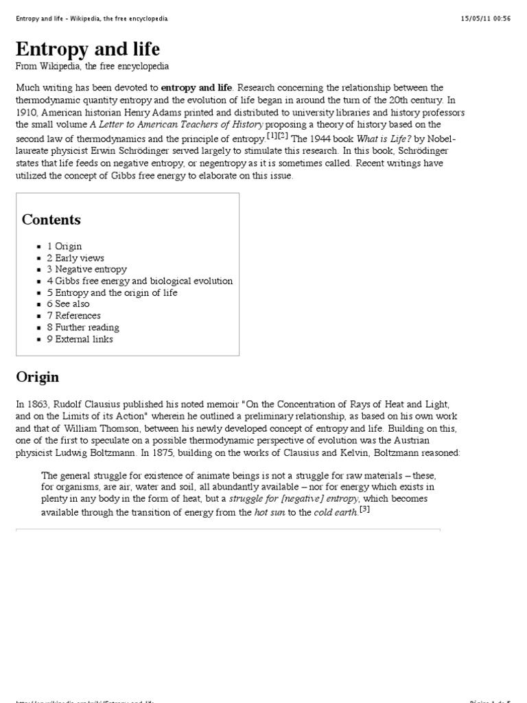 Entropy and Life - Wikipedia, The Free Encyclopedia | Entropy | Heat