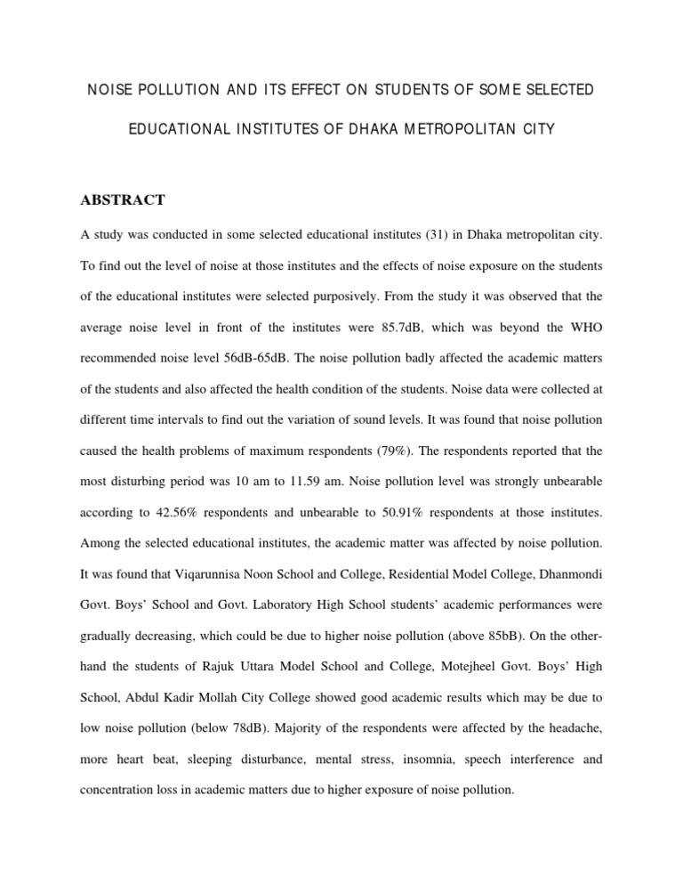 Noise Pollution's Impact on Dhaka Students | PDF | Self-Improvement
