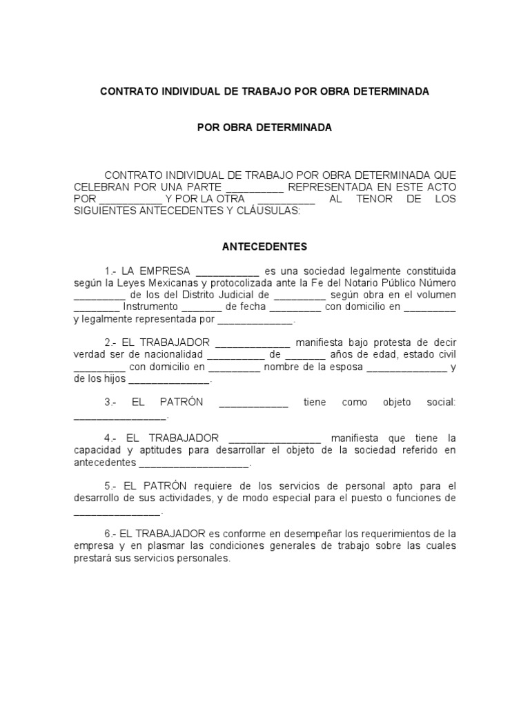 Contrato Individual de Trabajo Por Obra Determinada | PDF | Tiempo de trabajo | Instituciones ...