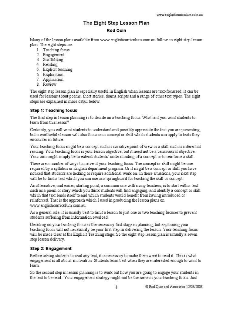 The Eight Step Lesson Plan | PDF | Lesson Plan | Reading (Process)