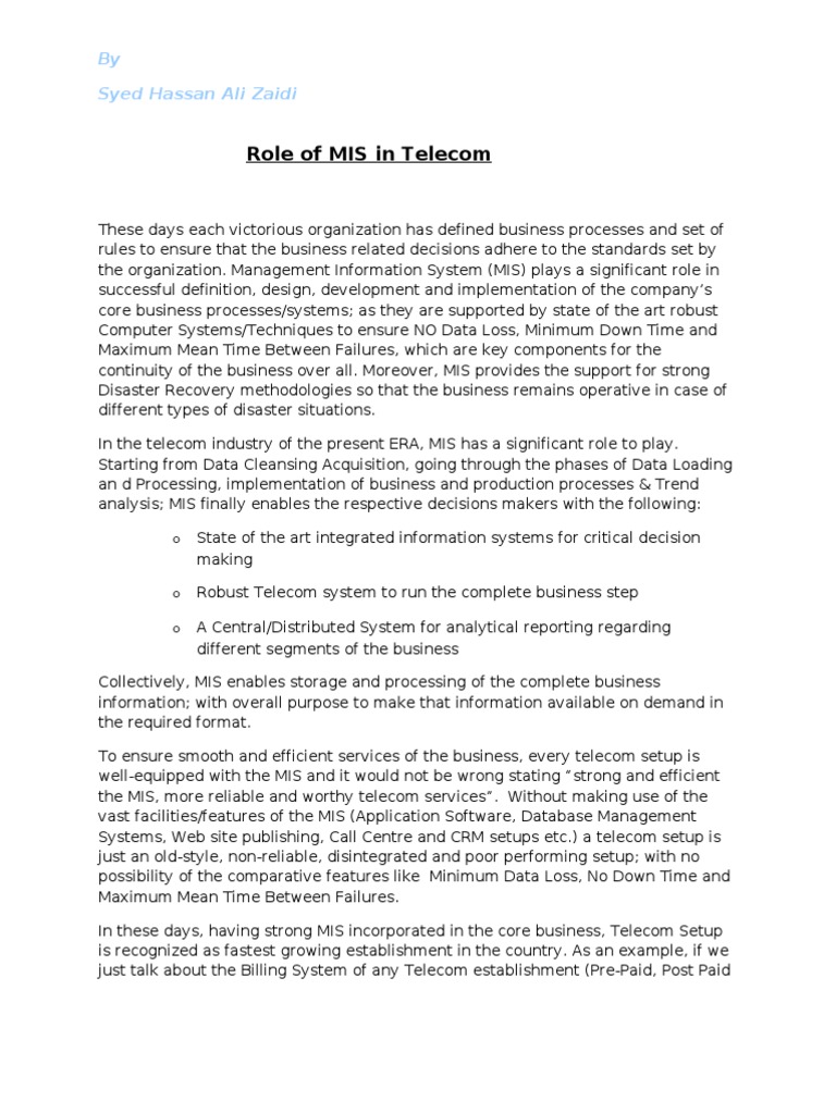 Role of MIS in Telecom Sector | PDF | Management Information System ...