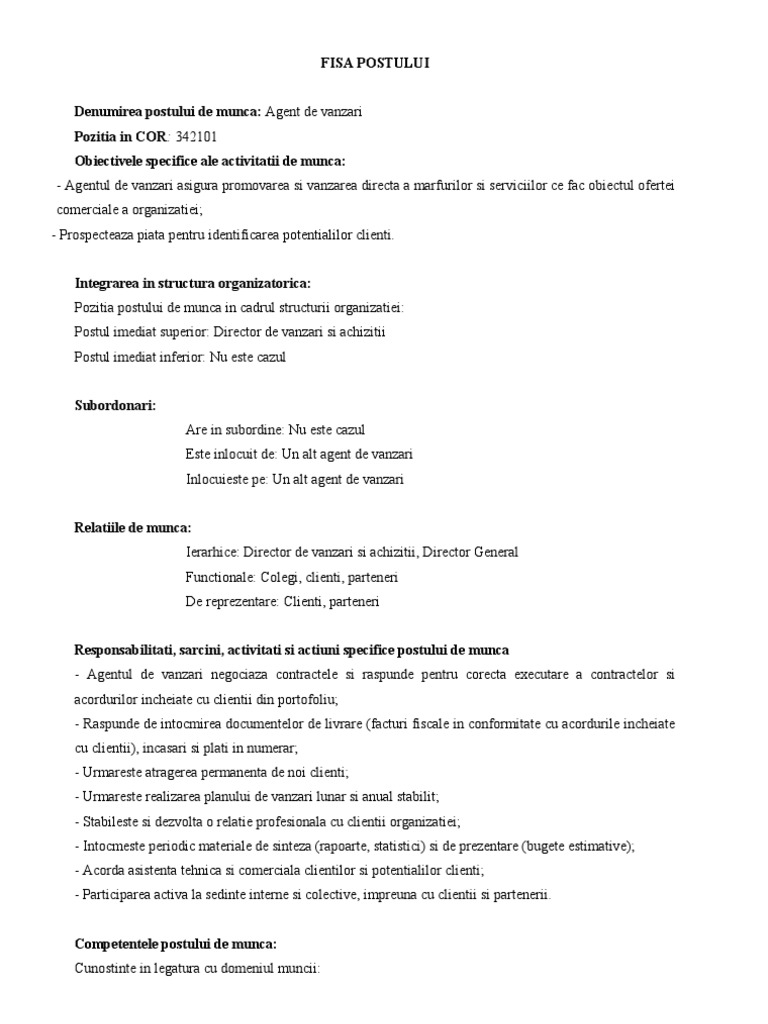 Fisa Post Agent Vanzari