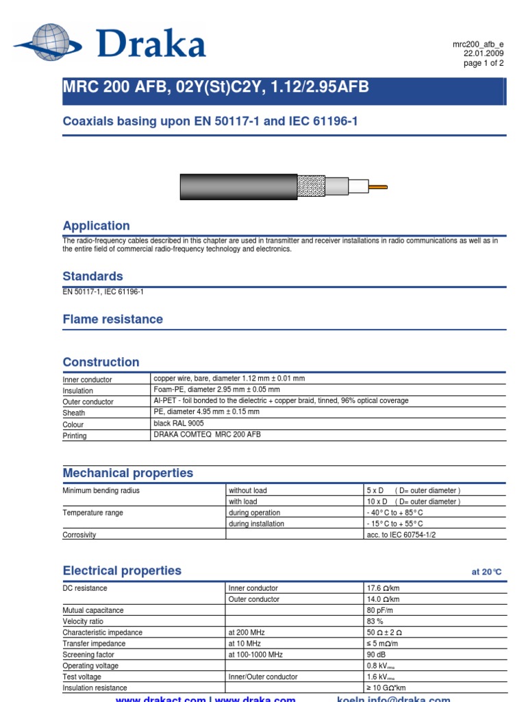 MRC 200 AFB Coaxial Cable Specifications | PDF