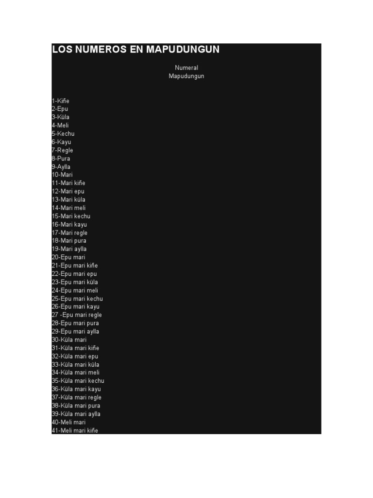 Números en Mapudungun: Guía Completa | PDF | Cocina, comidas y vino