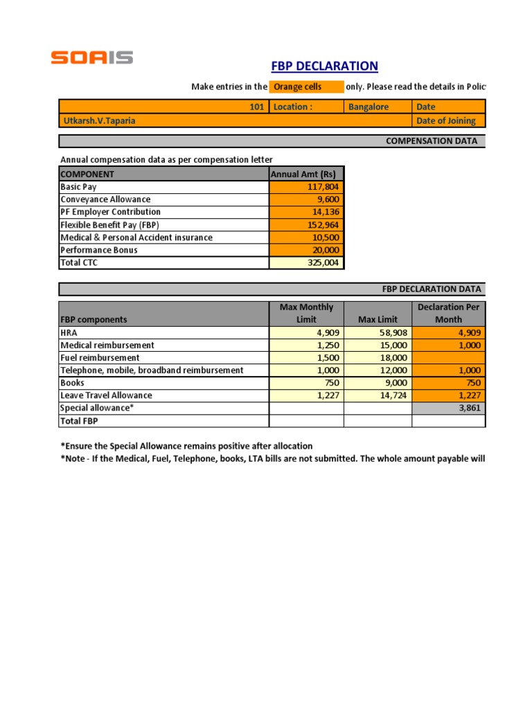 FBP Declaration Form For F.Y 2010-11 | Income Tax In India | Government ...