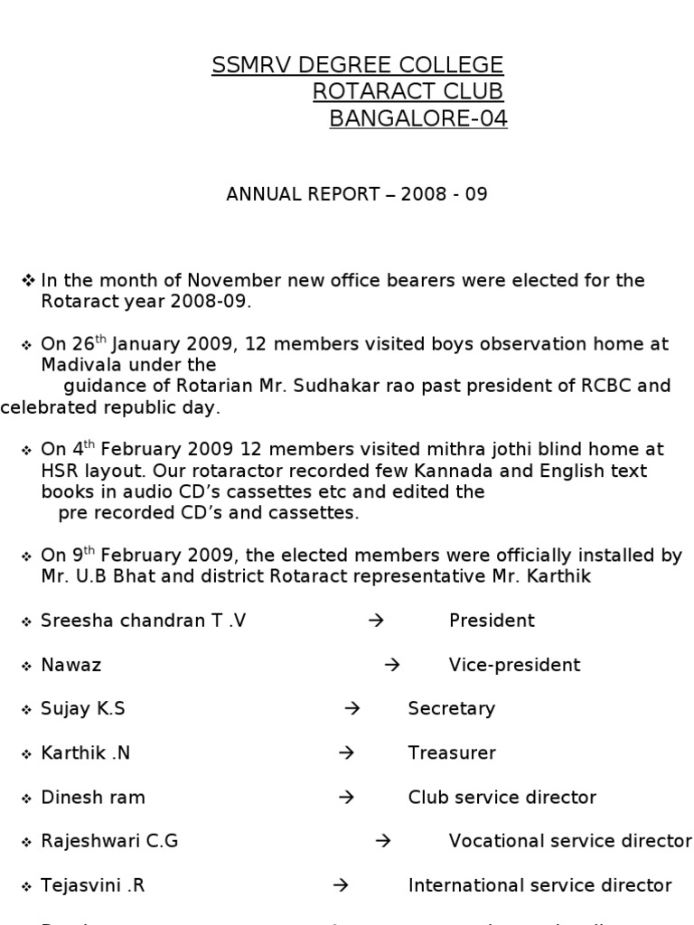 SSMRV Degree College Rotaract Club Bangalore-04 | PDF | Leisure | Business