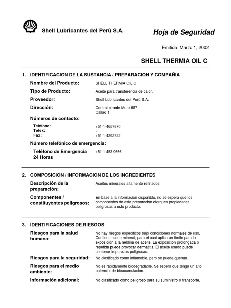 Hoja de Seguridad Shell Thermia Oil C | PDF
