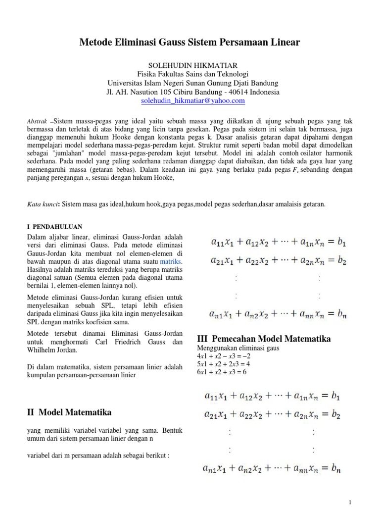 Metode Eliminasi Gauss Sistem Persamaan Linear | PDF | Metode & Bahan Ajar | Sains & Matematika