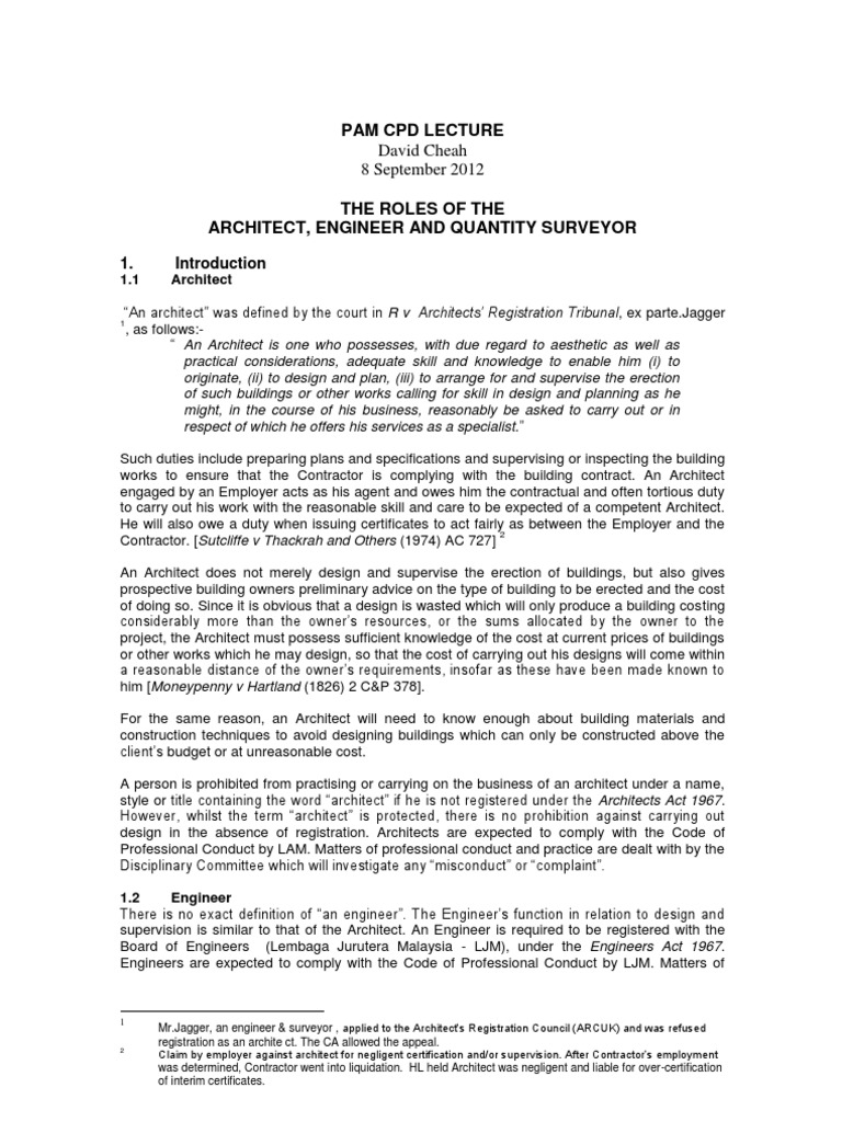 The Roles of The Architect, Engineer and Quantity Surveyor | PDF | Tort | Negligence