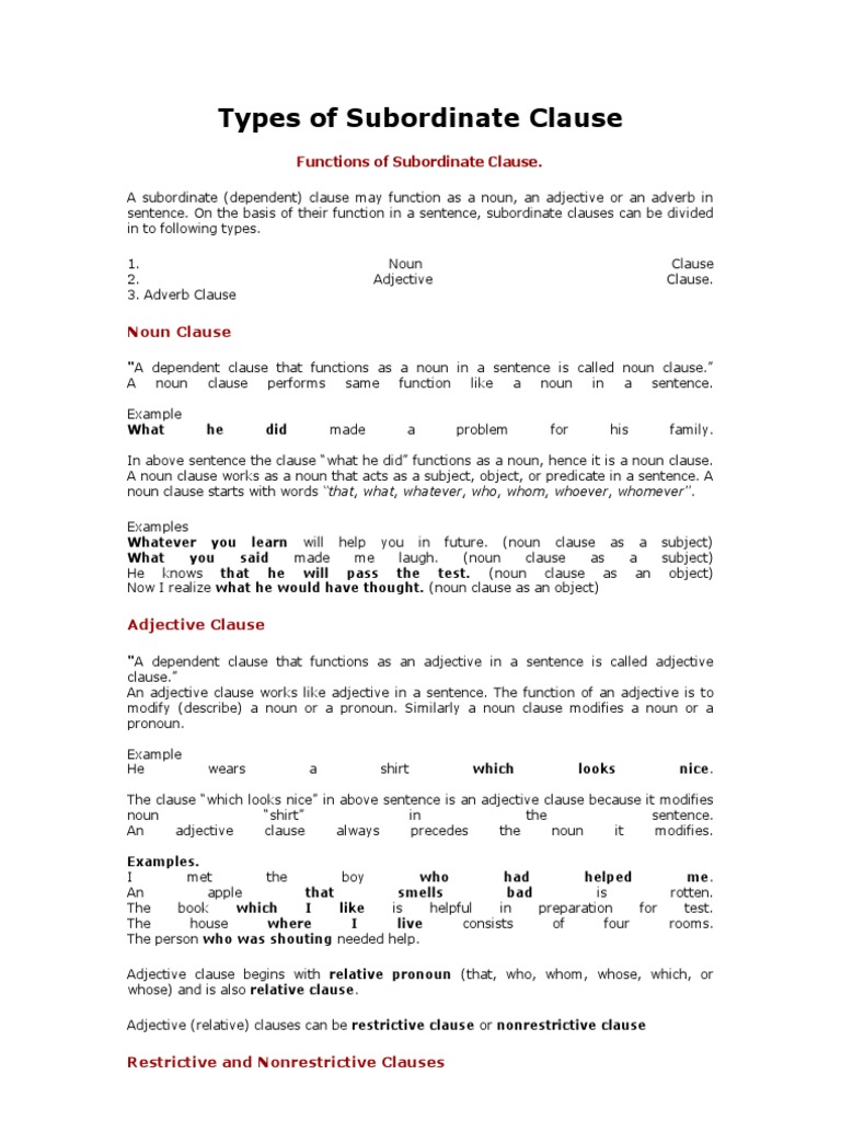 Types of Subordinate Clauses | PDF | Adjective | Clause