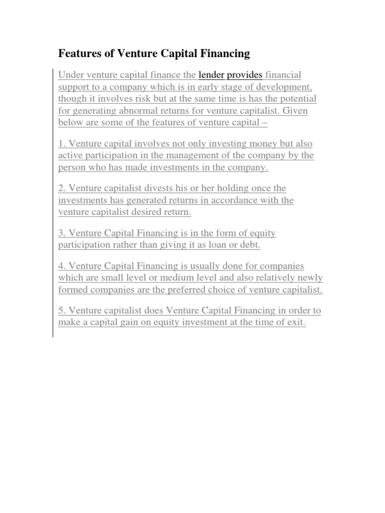 Features of Venture Capital Financing | PDF | Finance & Money Management