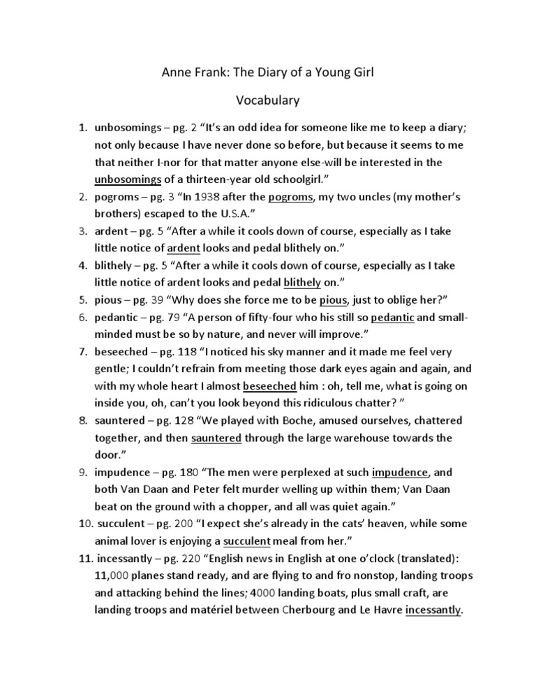 Anne Frank: The Diary of A Young Girl Vocabulary | PDF