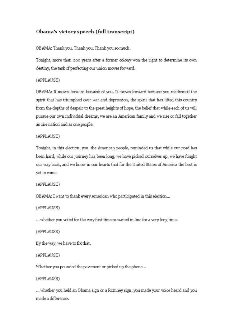 Obama's Victory Speech (Full Transcript) | PDF | Barack Obama | Mitt Romney