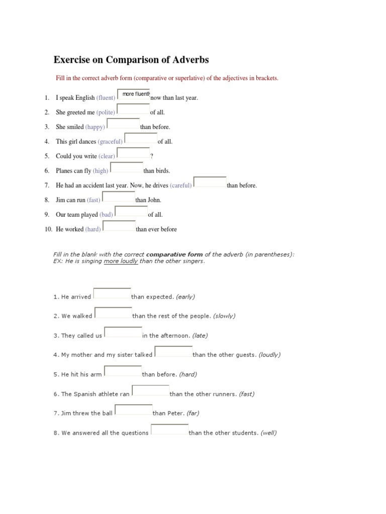 Comparative Adverbs Exercises PDF | PDF | Adverb | Linguistic Typology