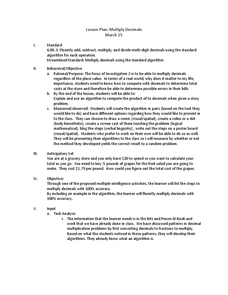 Multiplying Decimals Lesson Plan | PDF | Algorithms | Multiplication