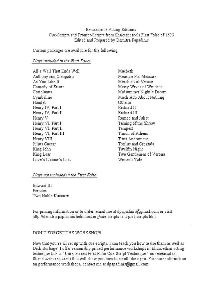 Renaissance Cue-Scripts for Actors | PDF | William Shakespeare | Plays