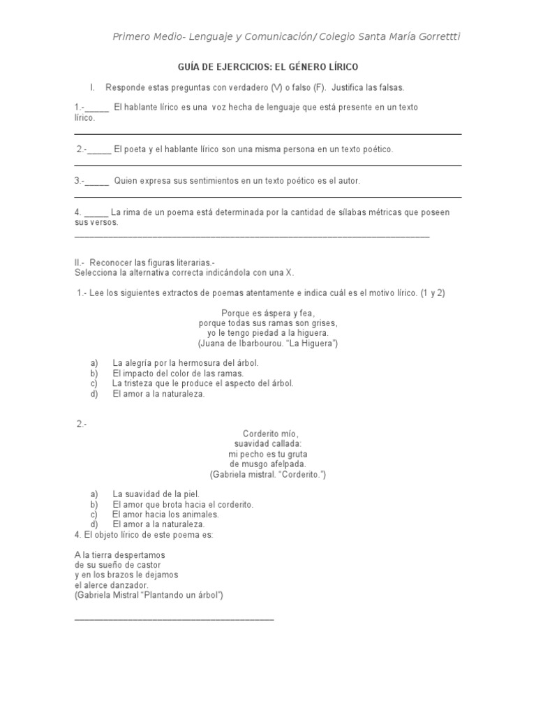 GUÍA DE EJERCICIOS género lirico | Rima | Poesía