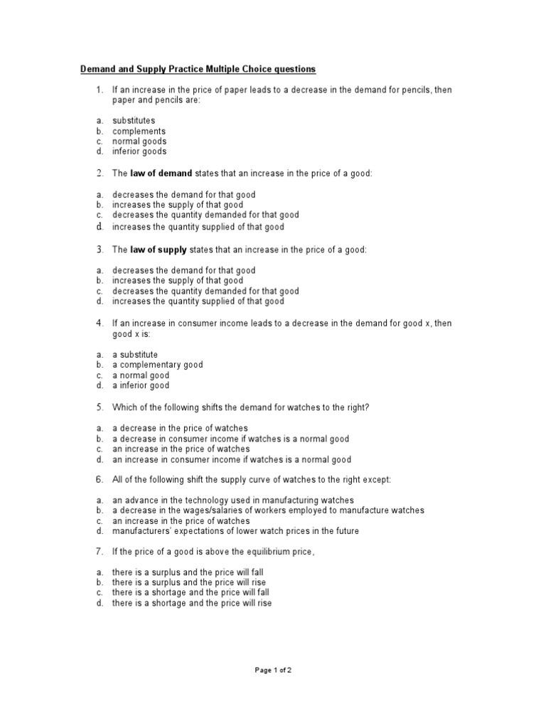 Demand and Supply MCQs Practice Test | PDF | Supply And Demand ...