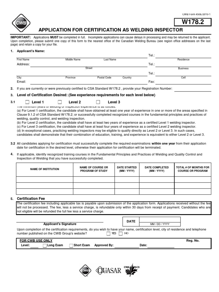 Application For Certification As A Welding Inspector Form 450E | PDF | Welding | Construction