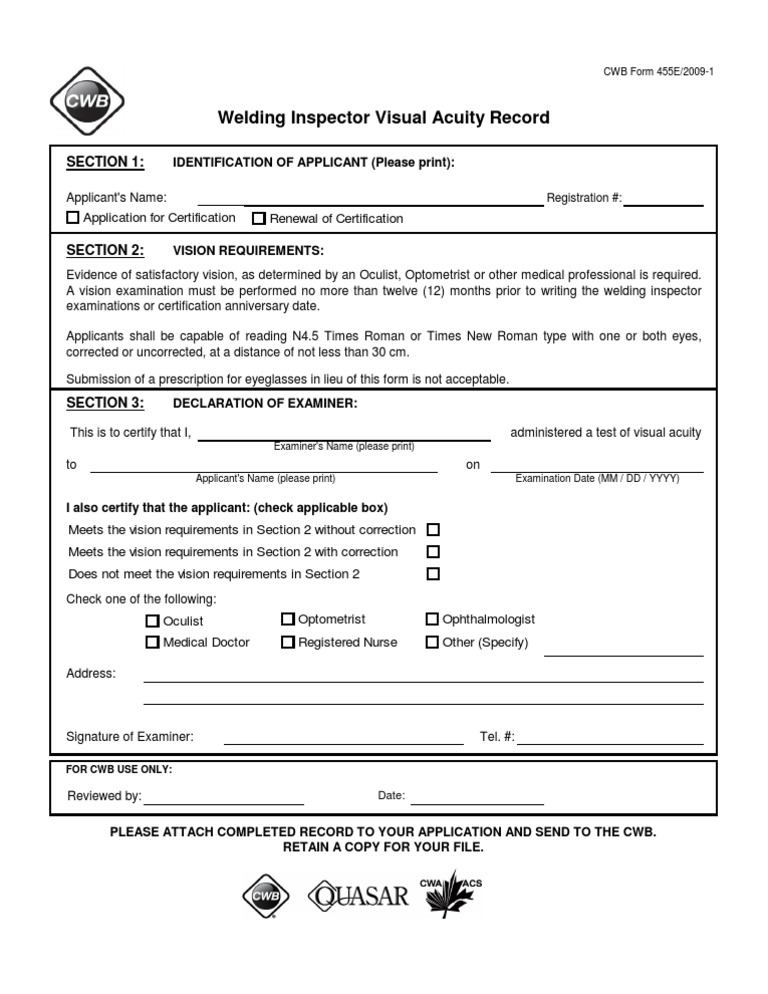 Welding Inspector Visual Acuity Record Form 455E | PDF | Optometry ...