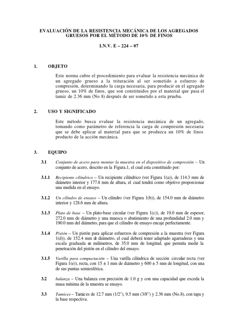 Norma INV E-224-07 Metodo 10% Finos | PDF | Pistón | Acero