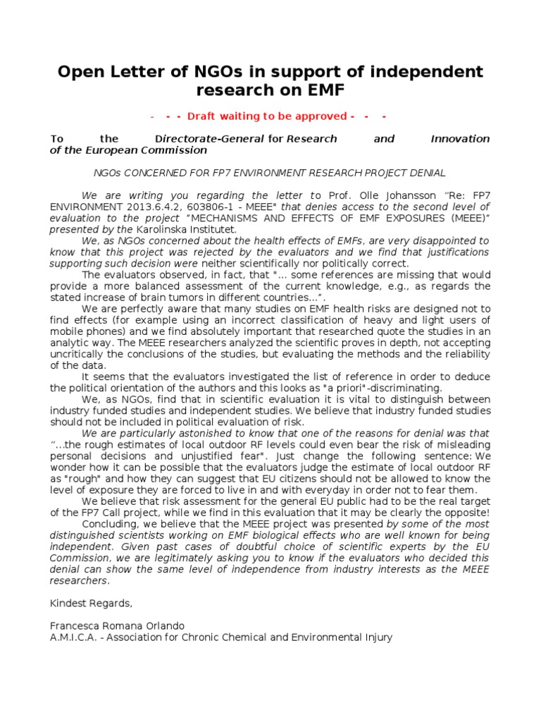 Open Letter of Ngos in Support of Independent Research On Emf | PDF ...
