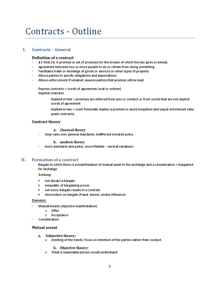 Contracts 1 - Outline | PDF | Offer And Acceptance | Implied Warranty