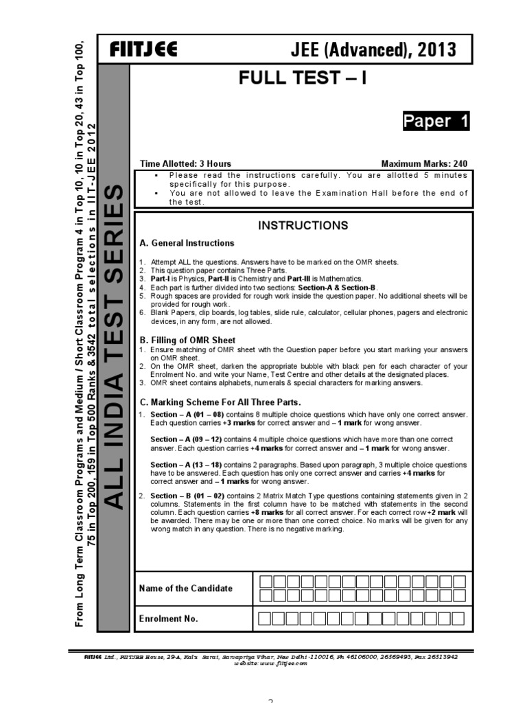 Fiitjee Aits Paper | PDF | Teaching Methods & Materials | Science & Mathematics