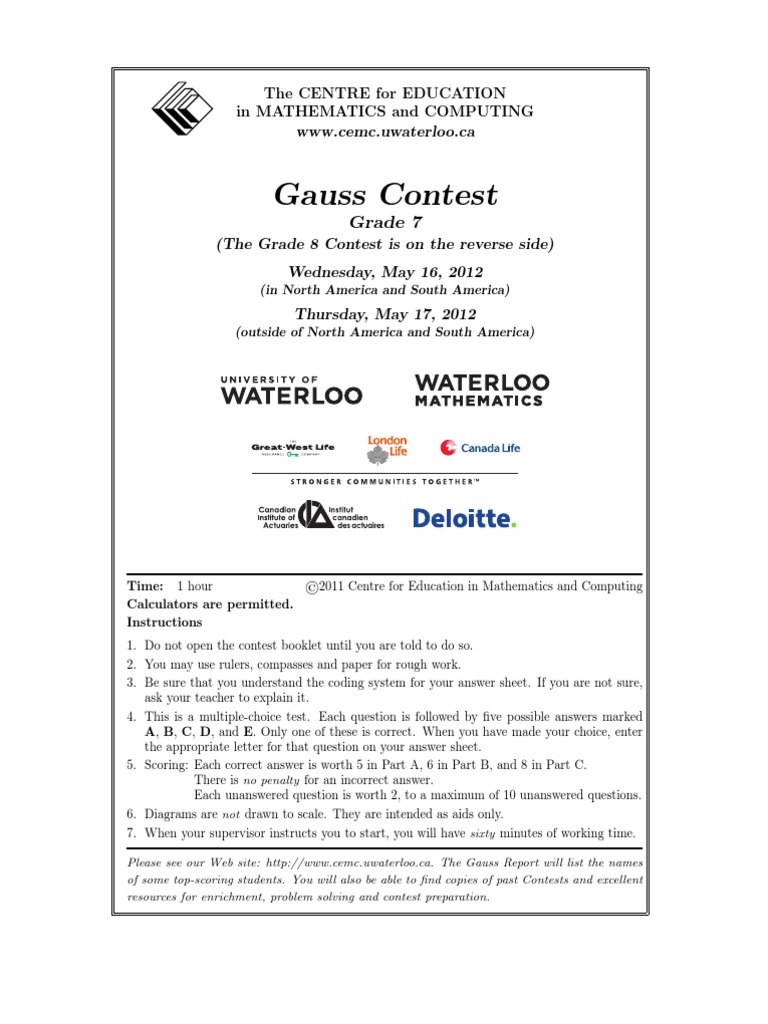 Gauss Contest: Grade 7 | PDF | Multiple Choice | Teaching Mathematics