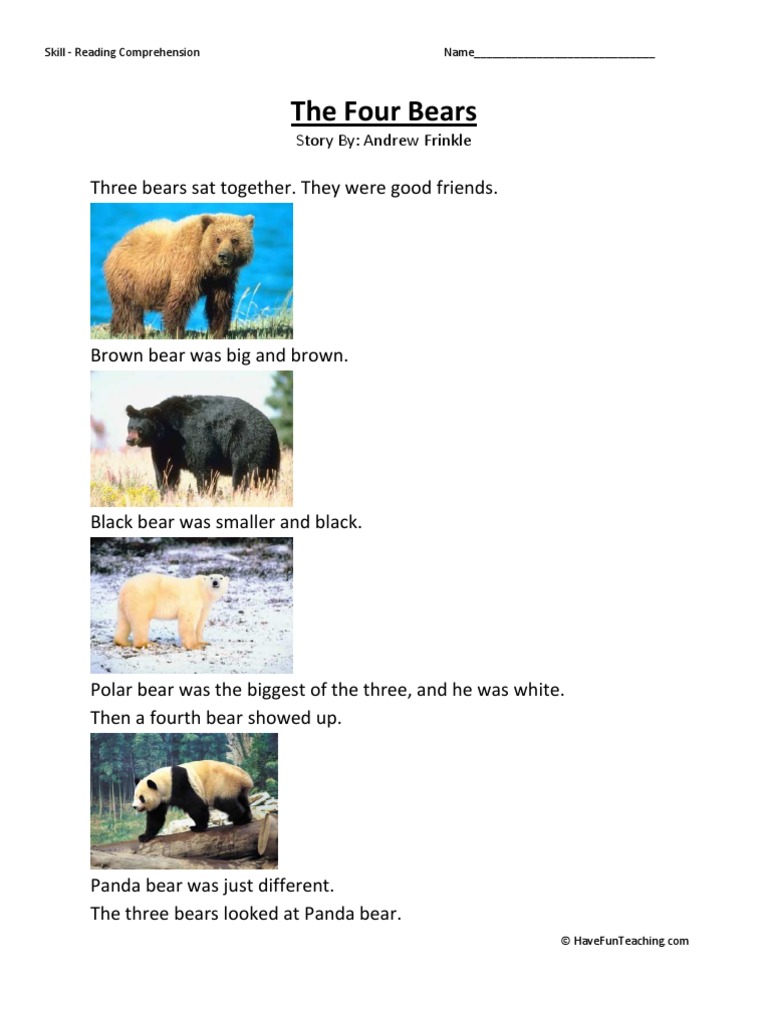 The Four Bears First Grade Reading Comprehension Worksheet | PDF ...