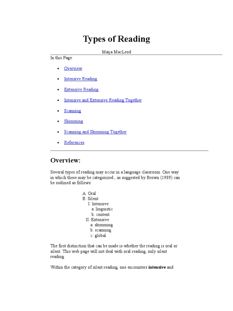 Types of Reading | PDF | Reading (Process) | Reading Comprehension