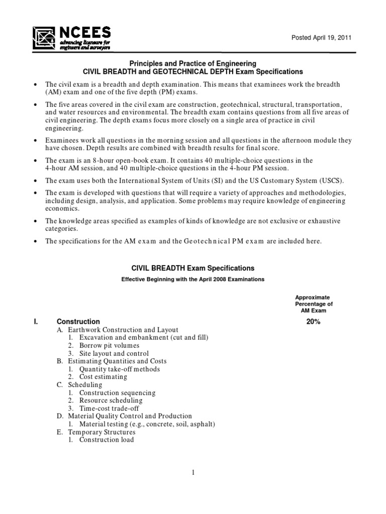 Exam Specifications - PE Civil - PE Civil Geo Oct 2011 | PDF ...