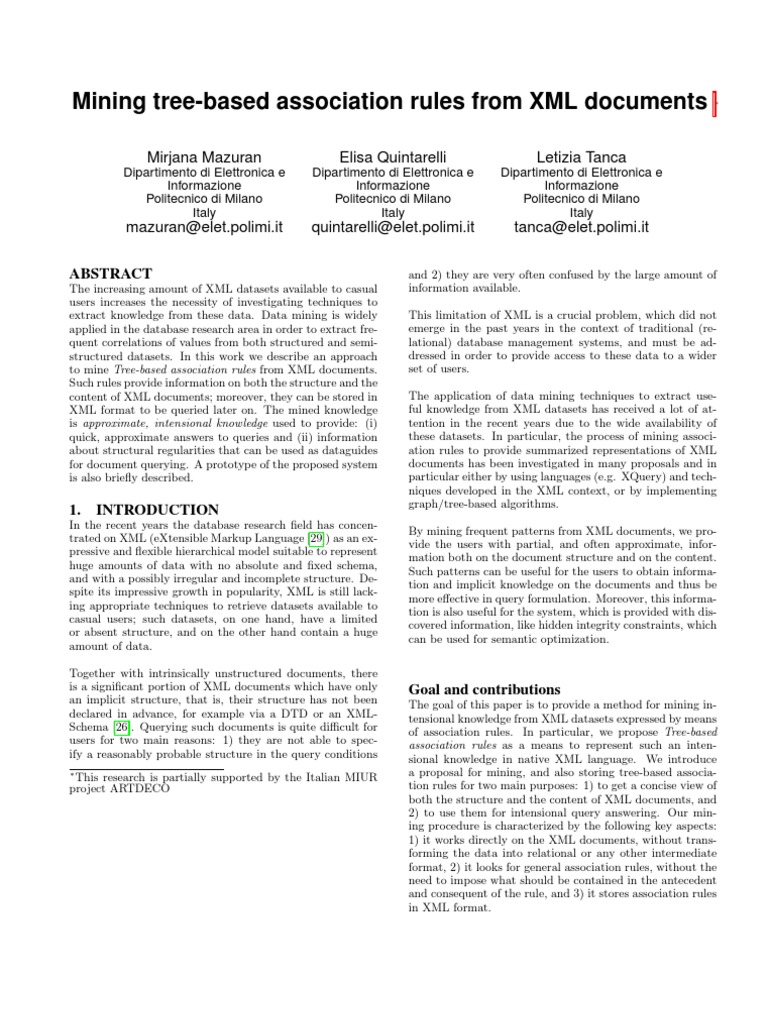 Mining Tree-Based Association Rules From XML Documents: Mirjana Mazuran Elisa Quintarelli ...