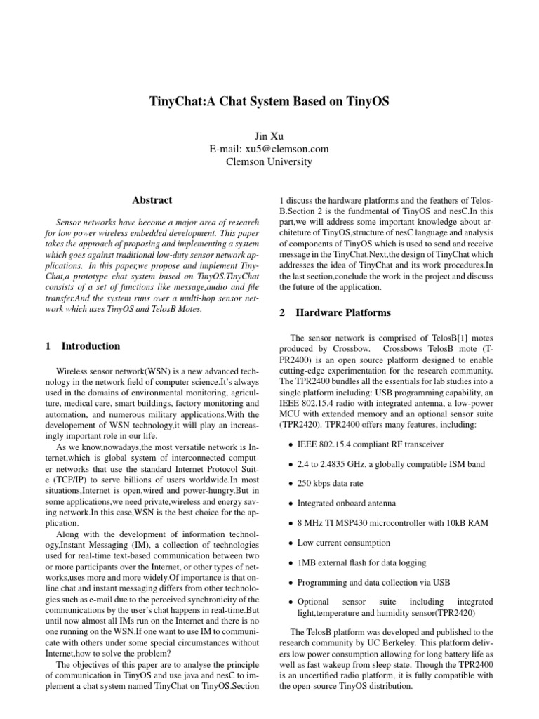 Tinychat:A Chat System Based On Tinyos: Jin Xu Clemson University | PDF | Routing | Computer ...