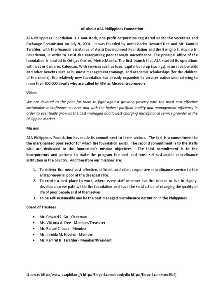 ASA Profile | PDF | Microfinance | Poverty