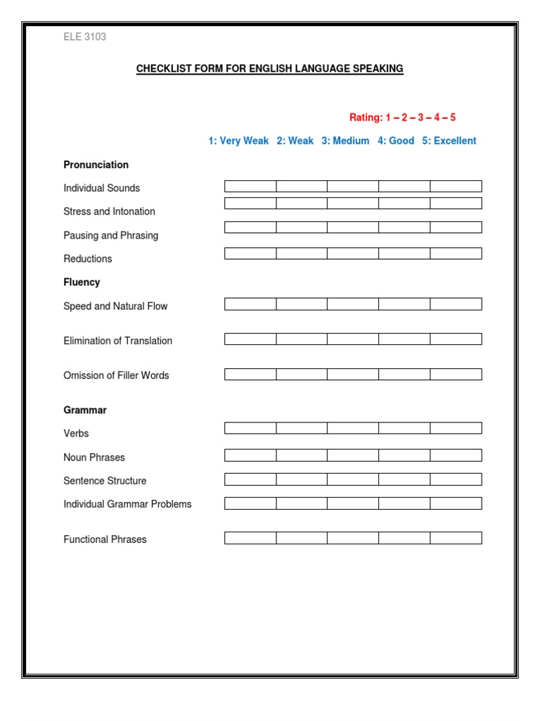 Checklist Form For English Language Speaking | PDF
