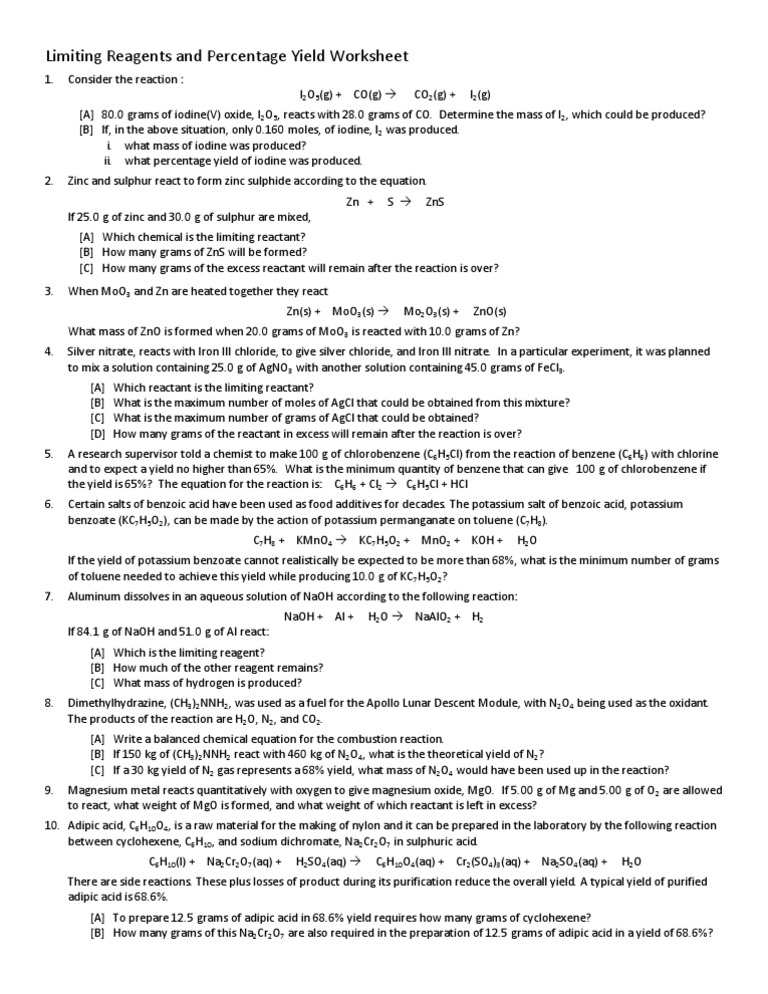 Limiting Reagents and Percentage Yield Worksheet | PDF | Zinc | Toluene
