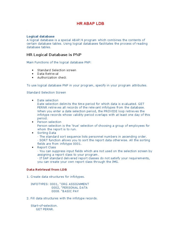 HR Abap LDB: HR Logical Database Is PNP | PDF | Databases | Information Retrieval
