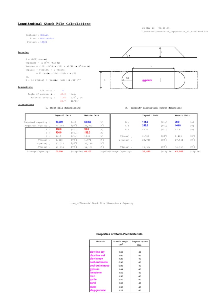 Longitudinal Stock Pile Calculations: Holnam Midlothian 10121 | PDF