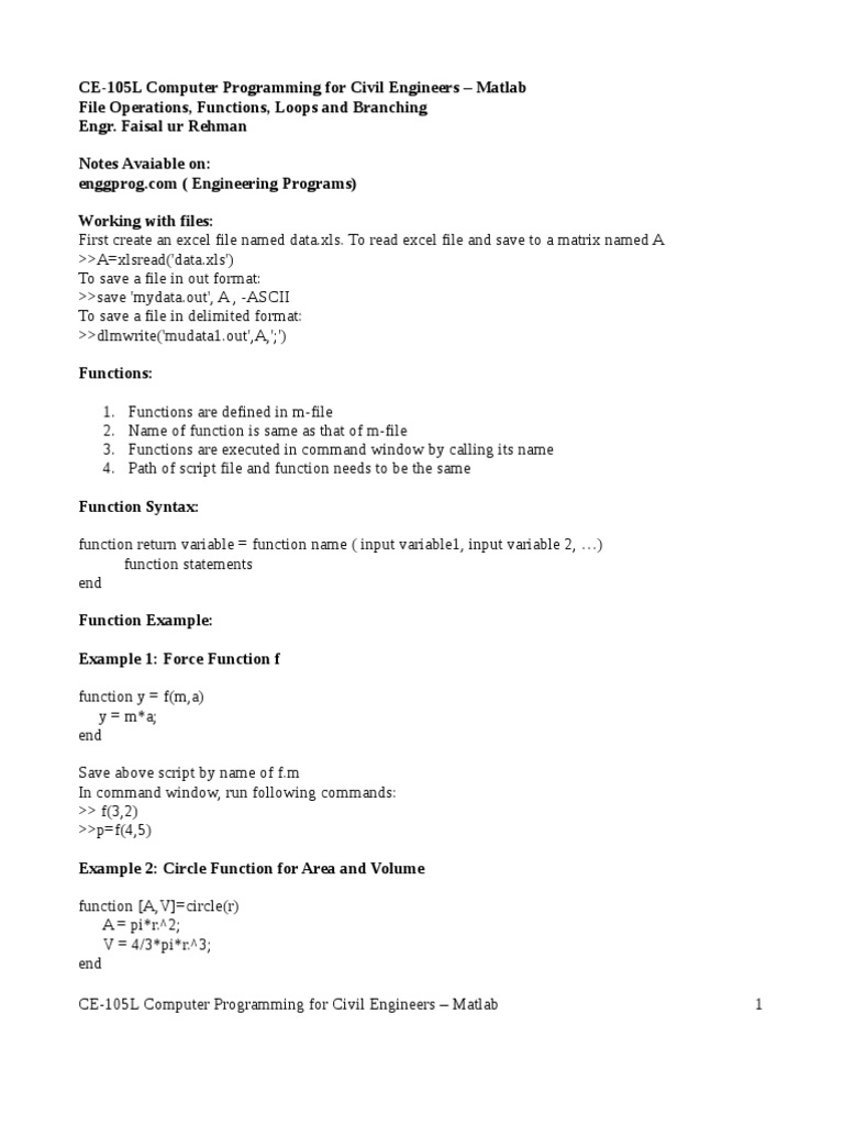 Functions and Control Strucrtures in MATLAB | PDF | Control Flow | Matlab