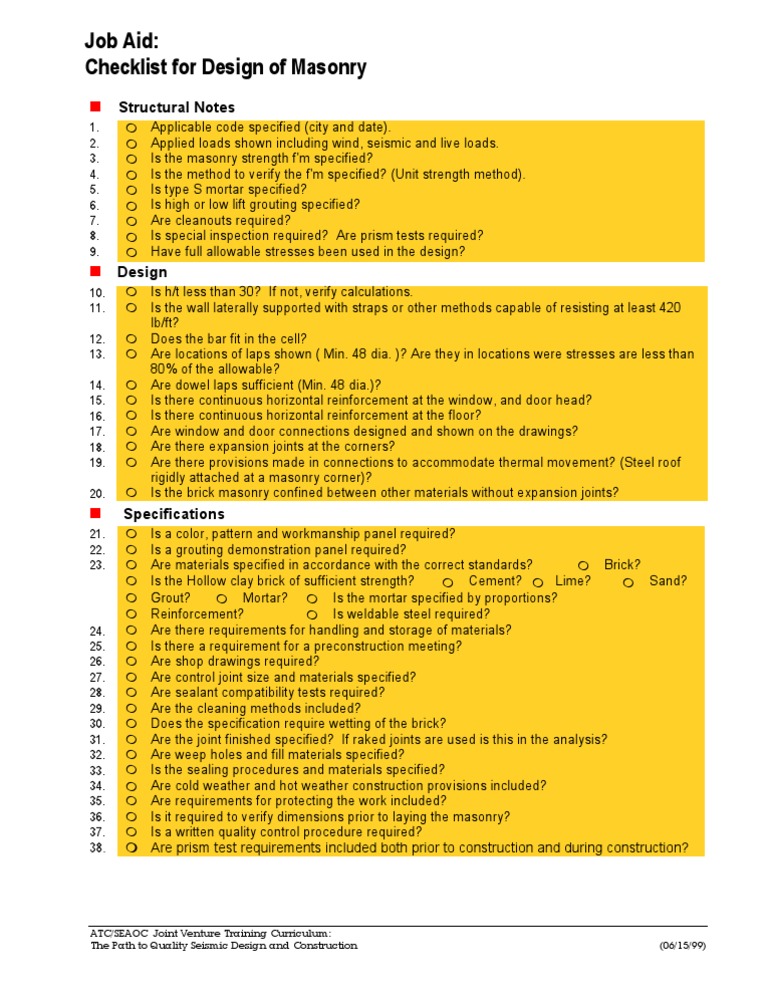 Jobaid2 Checklist for Design of Masonry | Masonry | Brick