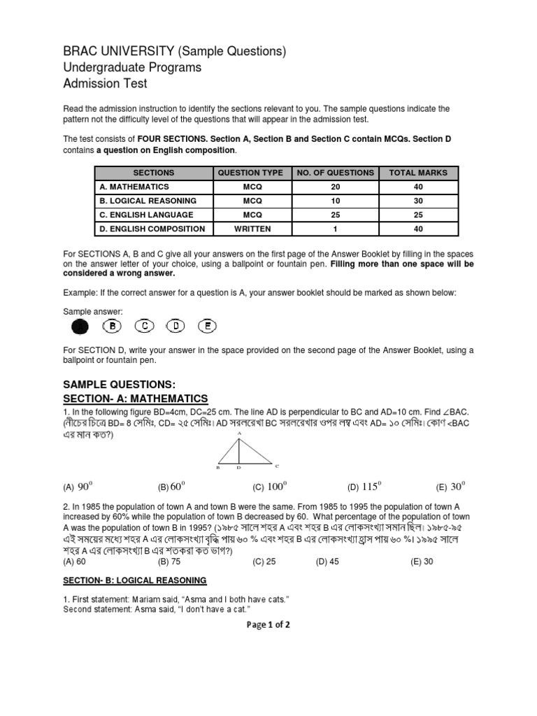 BRAC UNIVERSITY (Sample Questions) Undergraduate Programs Admission ...